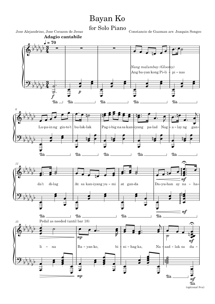 Bayan Ko – Constancio de Guzman Piano Arrangement Sheet Music for Piano ...