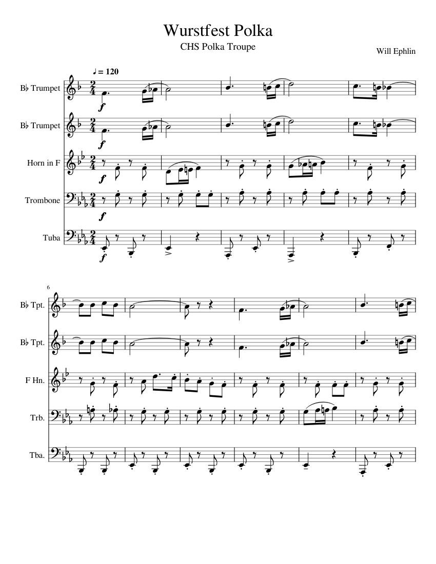 Wurstfest Polka Sheet Music for Trombone, Tuba, Trumpet in b-flat ...