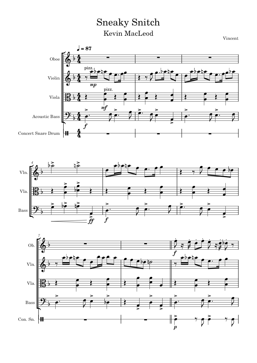Kevin MacLeod - Sneaky Snitch Sheet music for Oboe, Snare drum, Violin ...