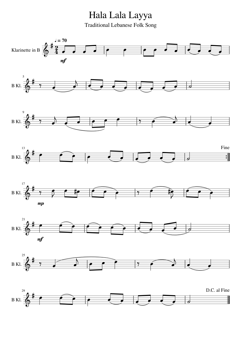 Hala Lala Layya Sheet music for Clarinet in b-flat (Solo) | Musescore.com