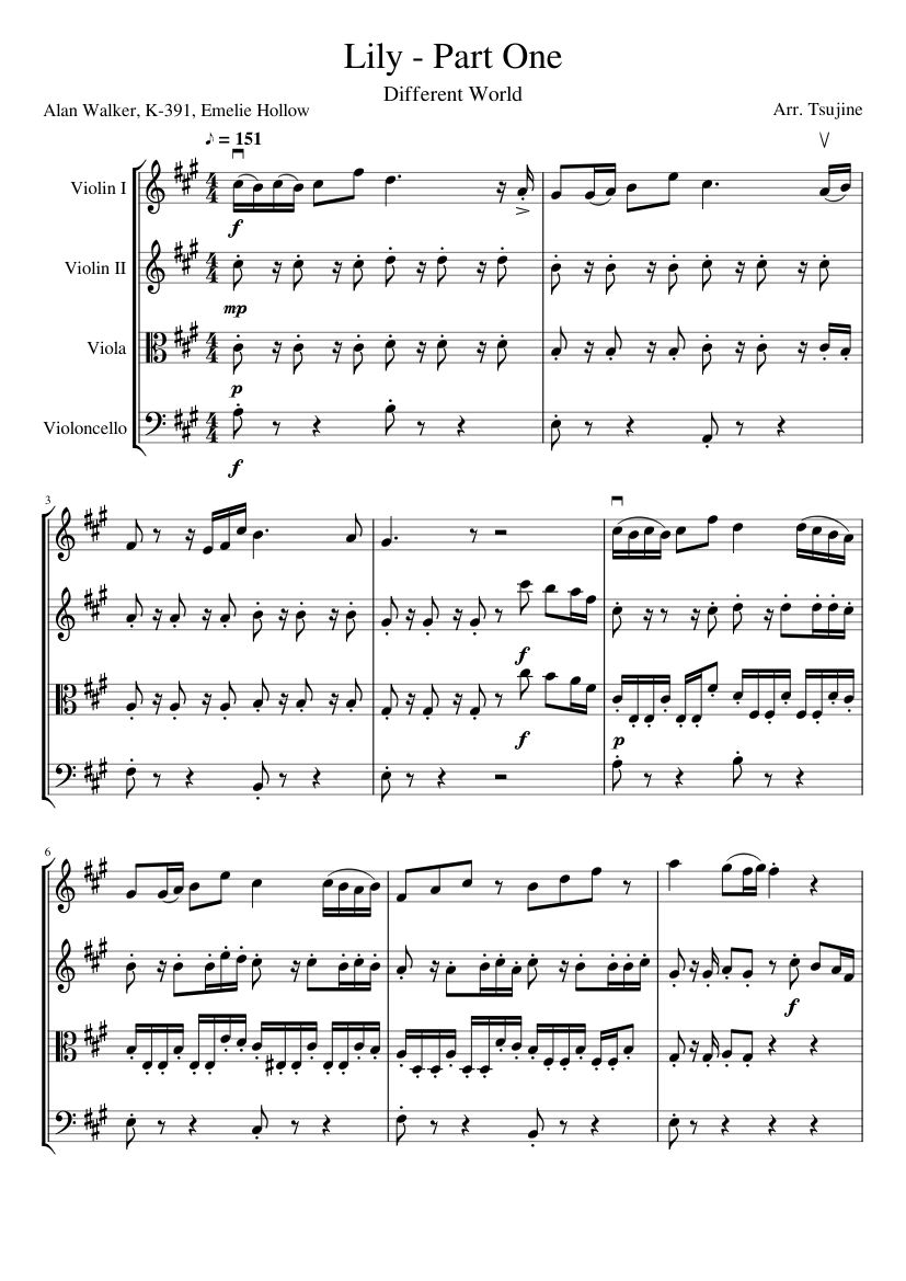 Lily - Part One Sheet Music for Violin, Viola, Cello (String Quartet ...