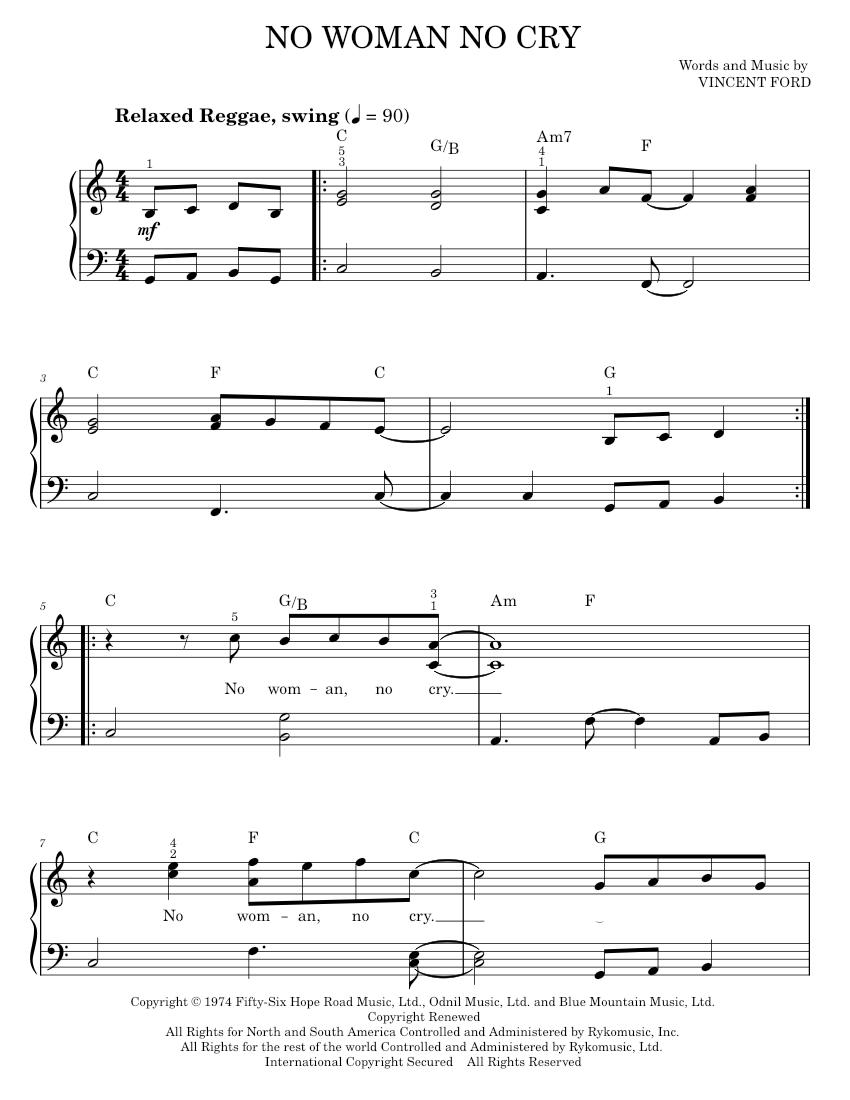 Play Official version of No woman no cry sheet music by Bob Marley for ...