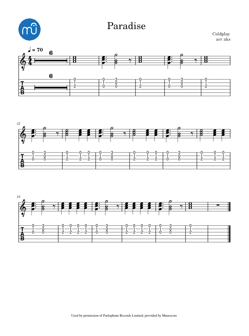 GTR18-M3 Paradise - Coldplay (Chords-3 Strings) Sheet music for Guitar ...