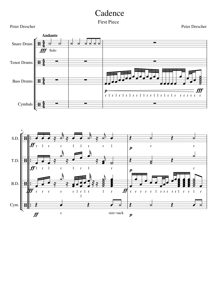 Cadence Sheet music for Snare drum, Crash, Tenor drum, Bass drum ...
