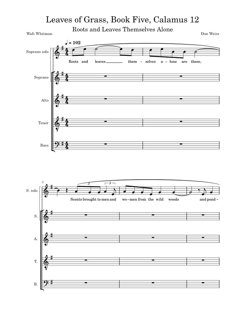 Leaves of Grass, Book Five, Calamus 12 Sheet music for Soprano, Alto ...