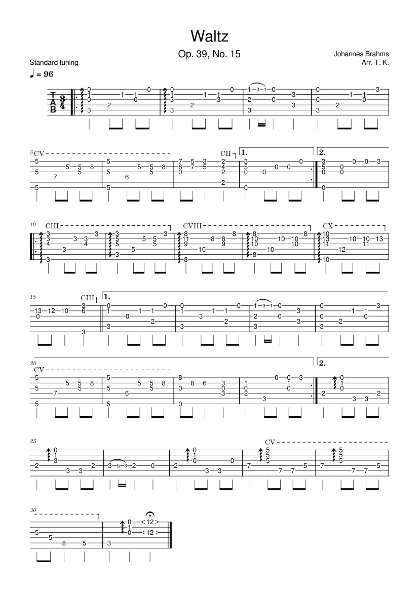Waltz (Op. 39, No. 15) - Johannes Brahms Sheet Music for Guitar (Solo ...