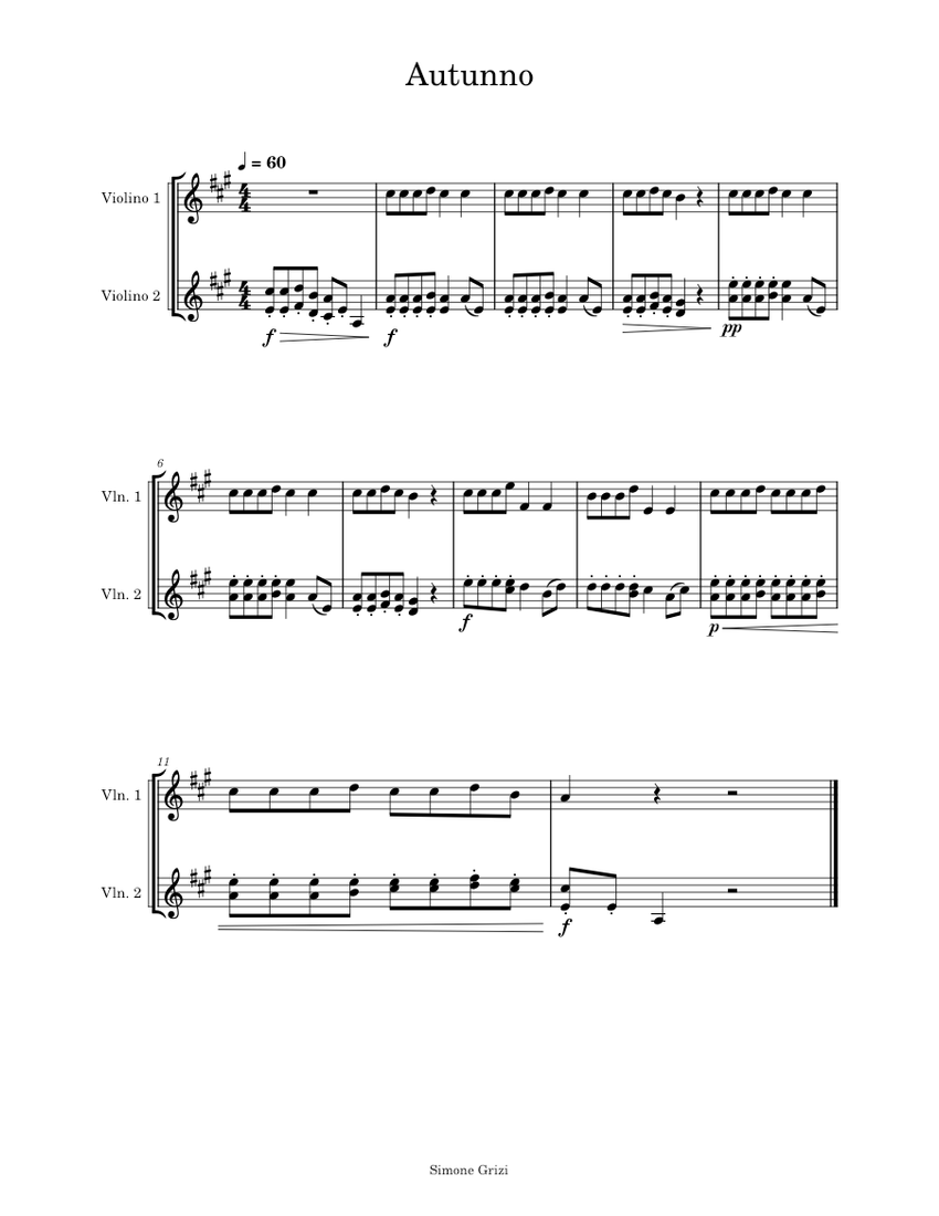 Autunno – Antonio Vivaldi Sheet music for Violin (String Duet ...