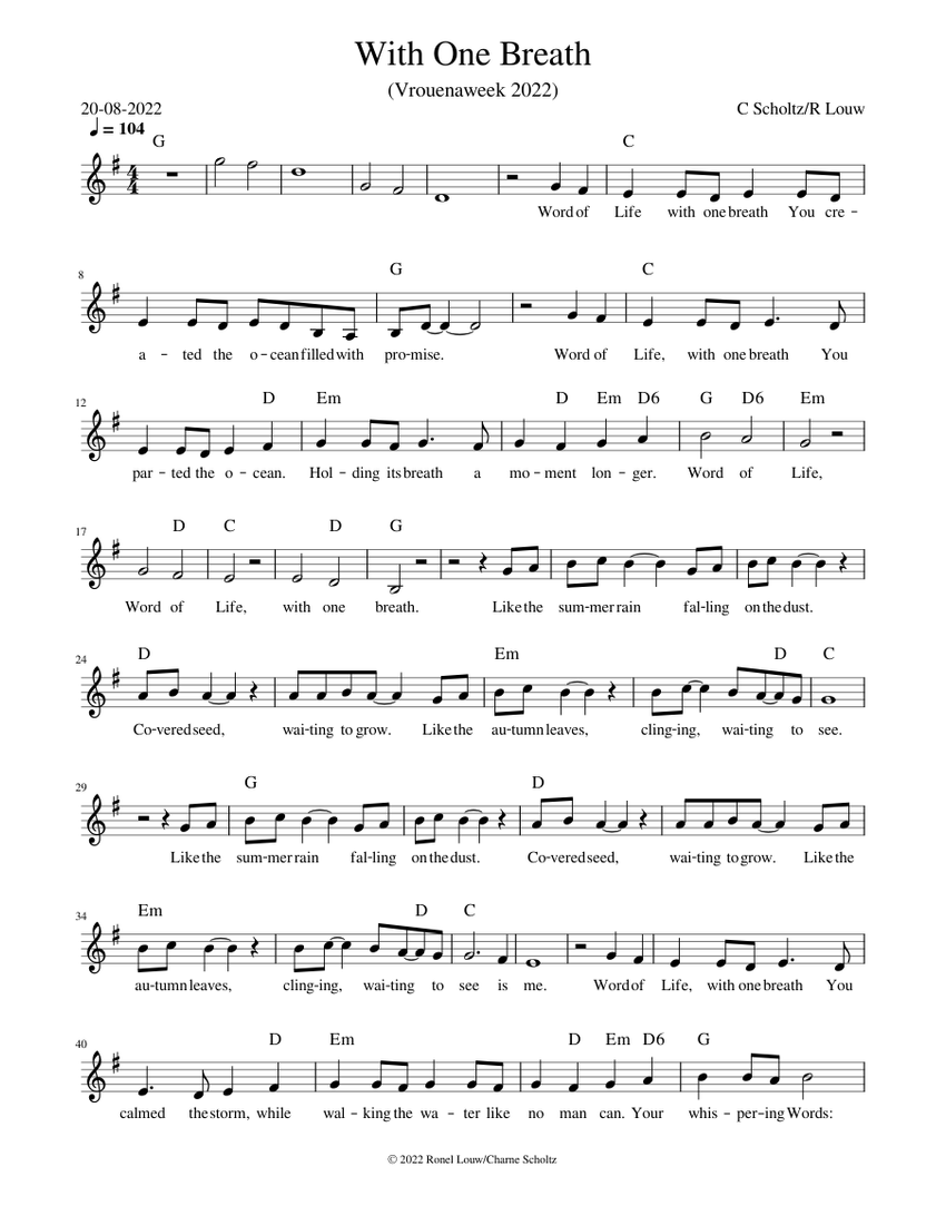 With One Breath Sheet music for Piano (Piano-Voice) Easy | Musescore.com