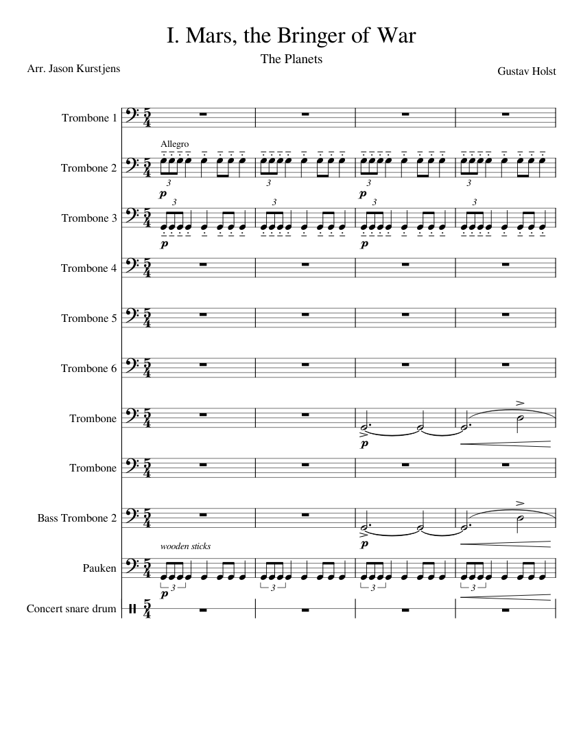 Gustav Holst - Mars, The Bringer of War Sheet music for Trombone ...