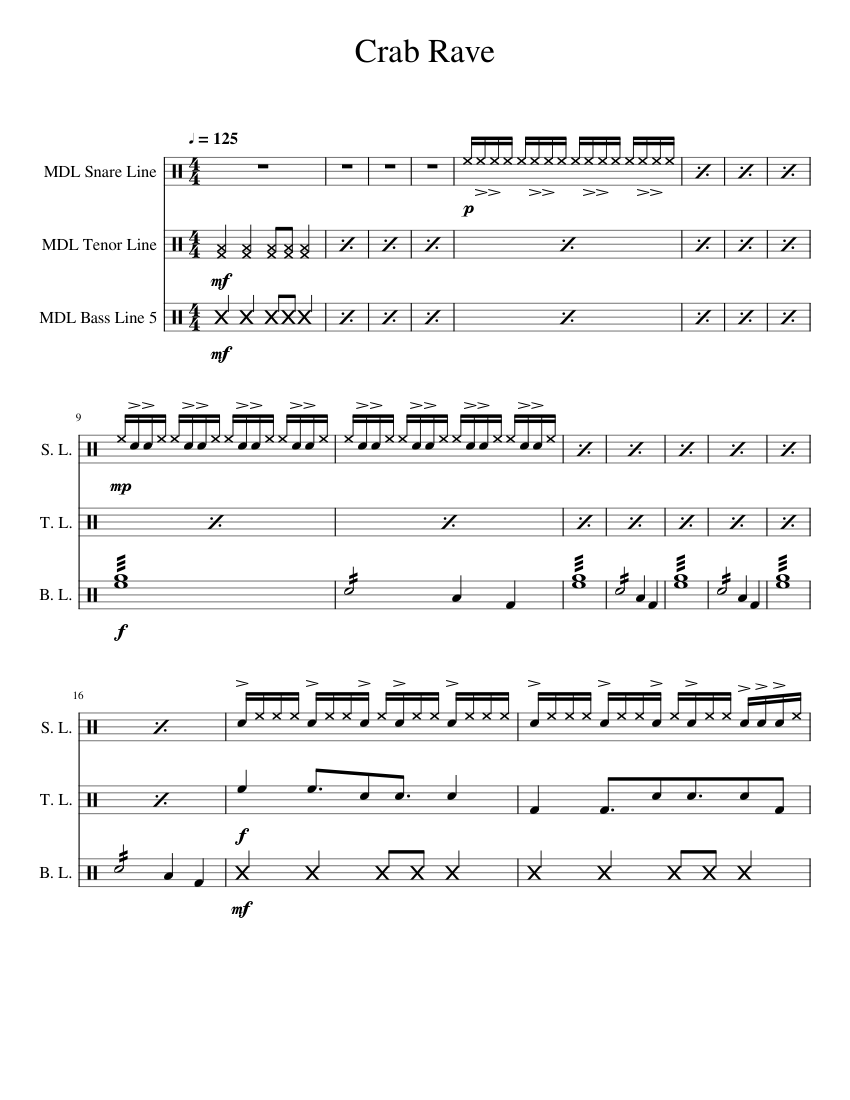 Crab Rave For Drumline Sheet music for Snare drum, Tenor drum, Bass ...