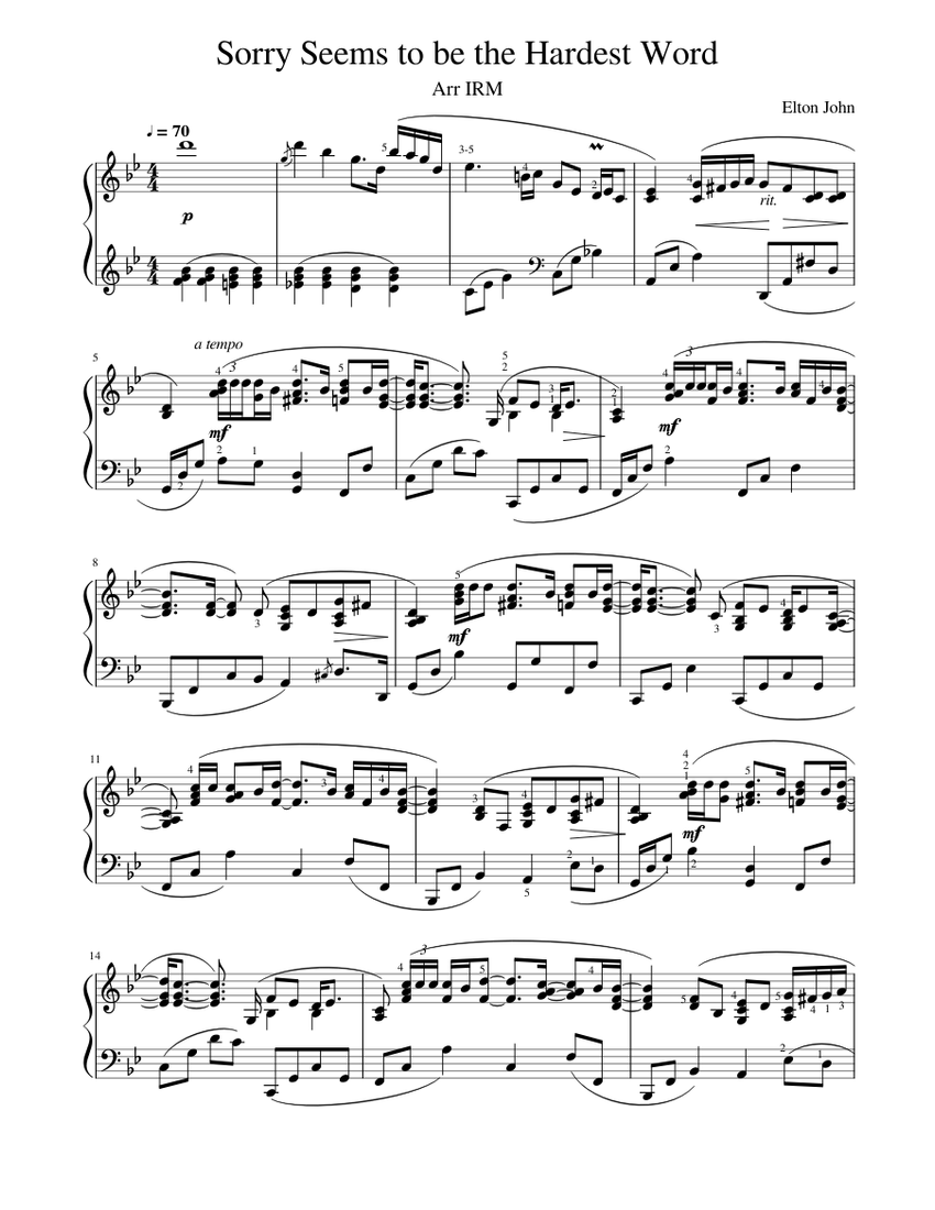 Elton John, Sorry Seems to be the Hardest Word Sheet music for Piano ...