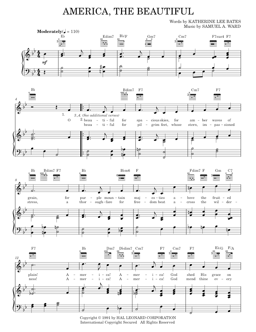 America, The Beautiful Sheet music for Piano, Vocals by Katharine Bates ...