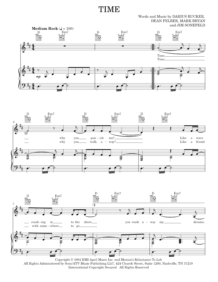 time Sheet music for Piano, Vocals by Hootie & the Blowfish: Music ...