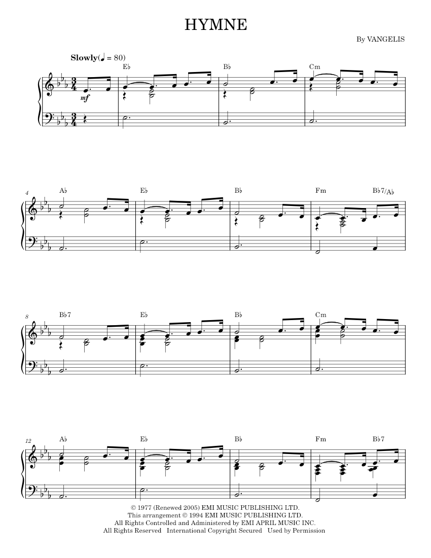 Play Official version of Hymne Sheet Music by Vangelis for Piano | MuseScore.com
