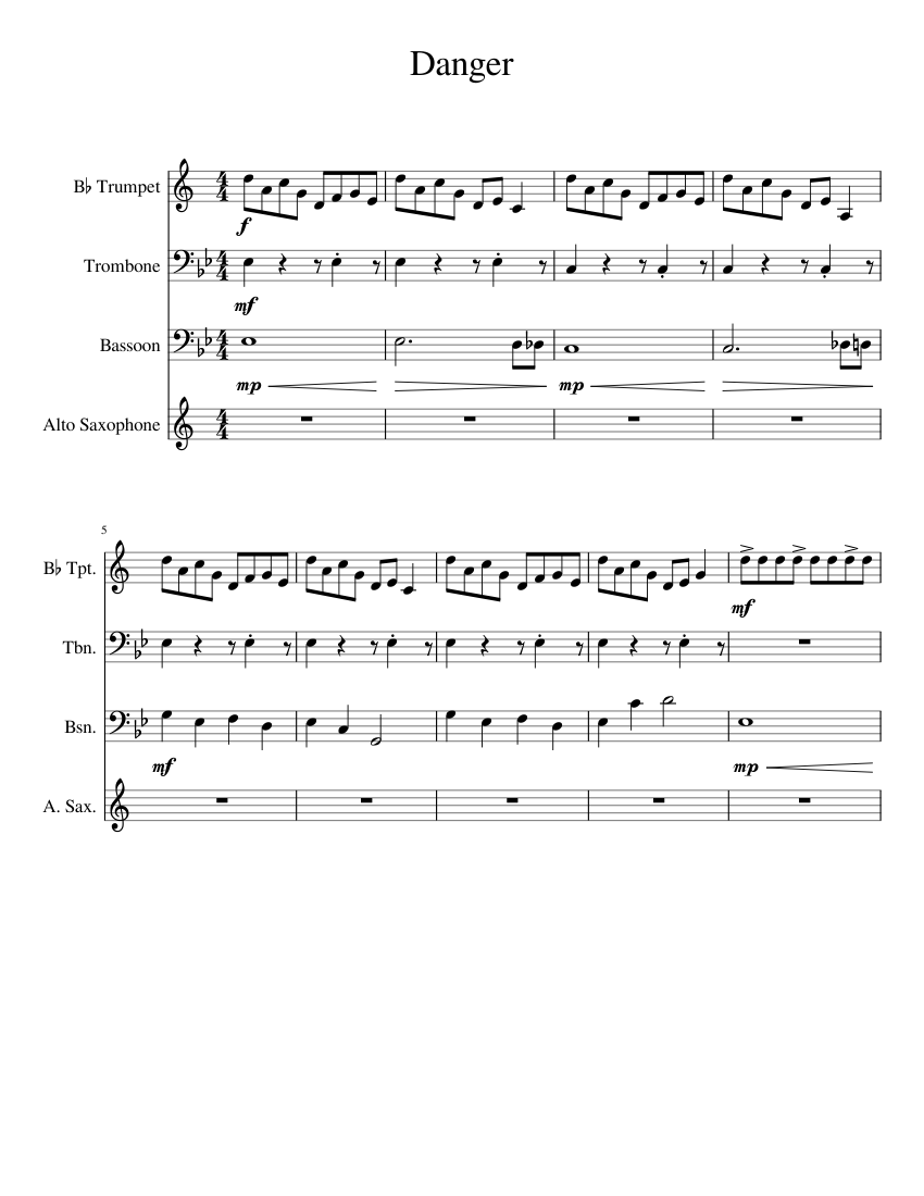 Danger Sheet music for Trombone, Bassoon, Saxophone alto, Trumpet in b ...