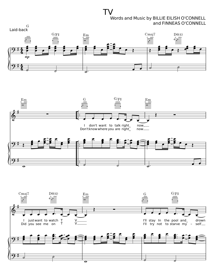 TV - Billie Eilish Sheet Music with Chords for Piano, Synthesizer ...