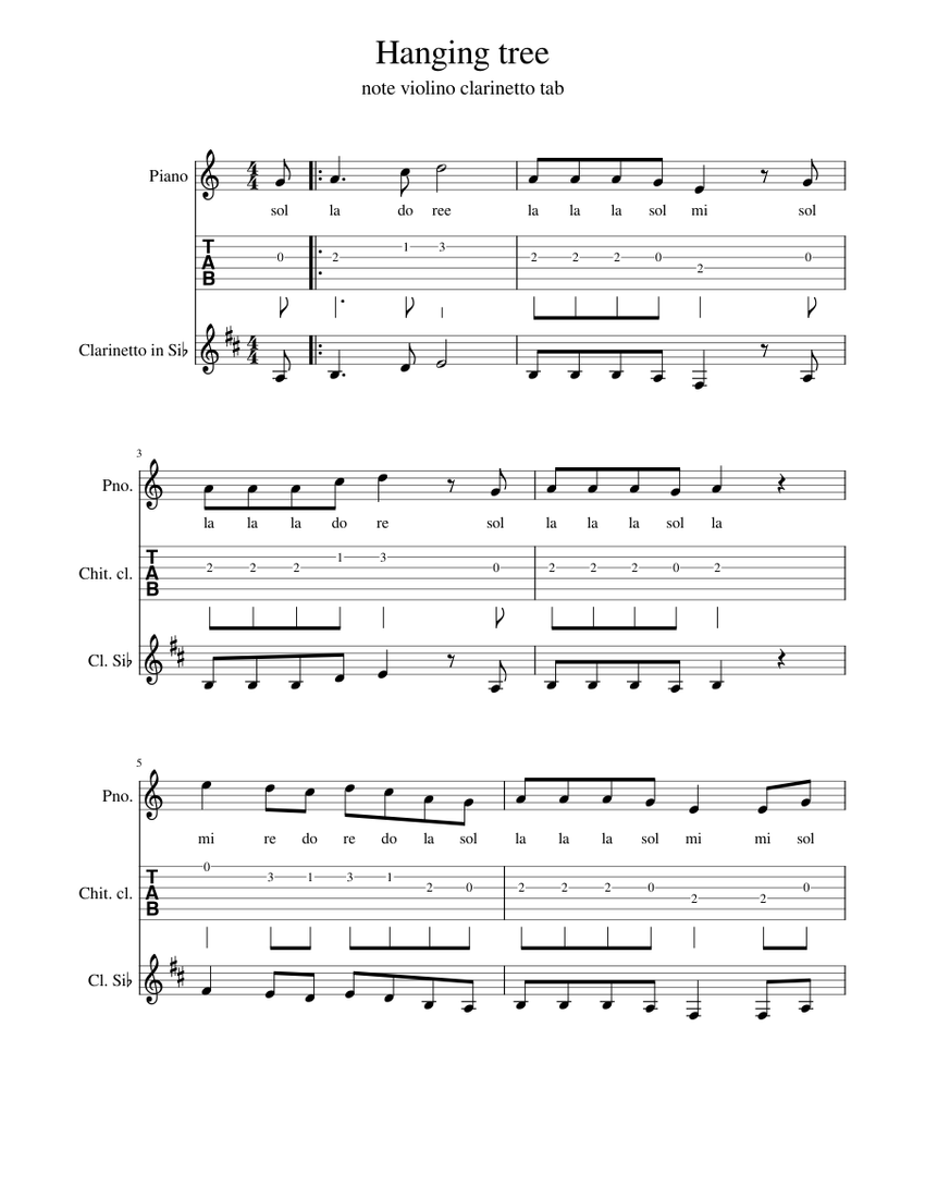 Hanging_tree flauto violino Sheet music for Piano, Clarinet in b-flat ...