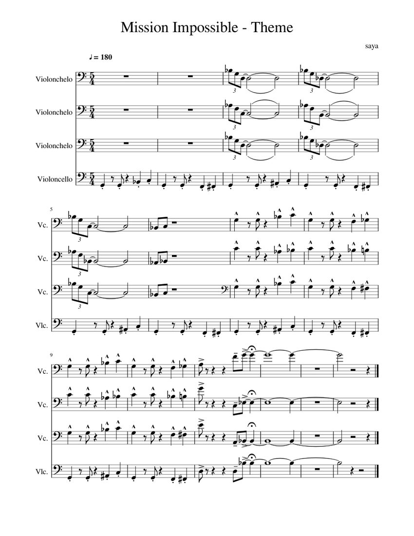 Mission Impossible - Theme Sheet music for Cello (Mixed Quartet ...