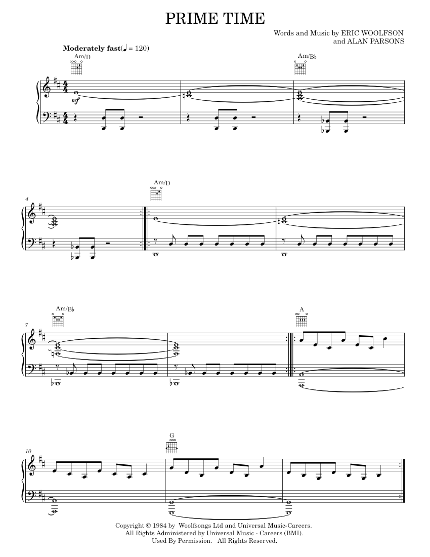 Play Official version of Prime time Sheet Music by The Alan Parsons ...
