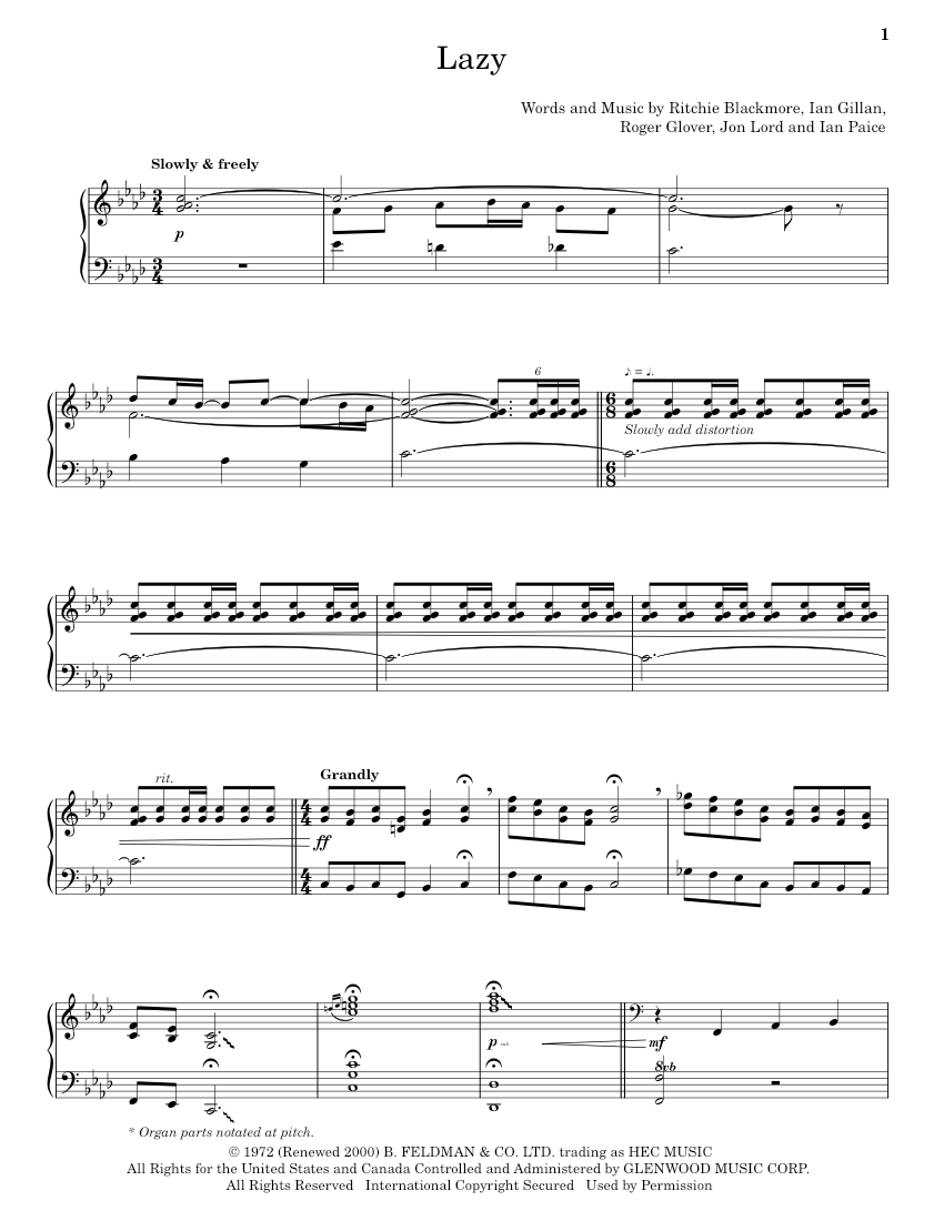 Play Official version of Lazy Sheet Music by Deep Purple for Piano ...