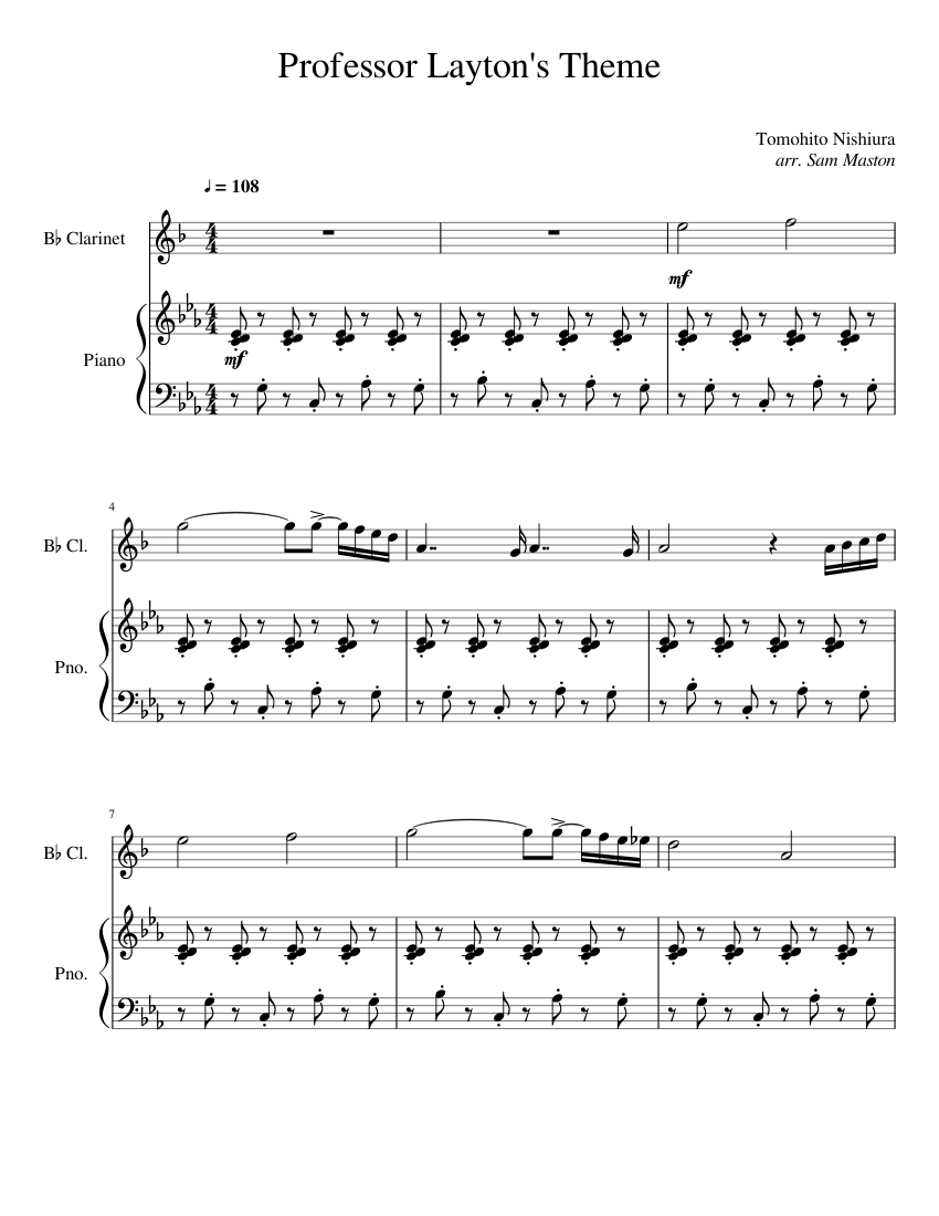 Professor Layton's Theme Sheet music for Piano, Clarinet in b-flat ...