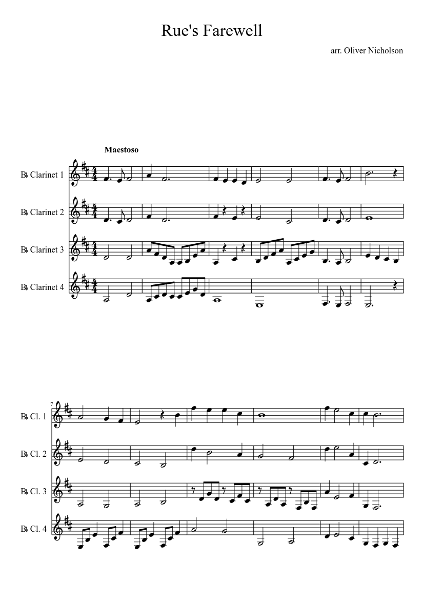 Rue's Farewell- The Hunger Games Sheet Music for Clarinet other (Mixed ...