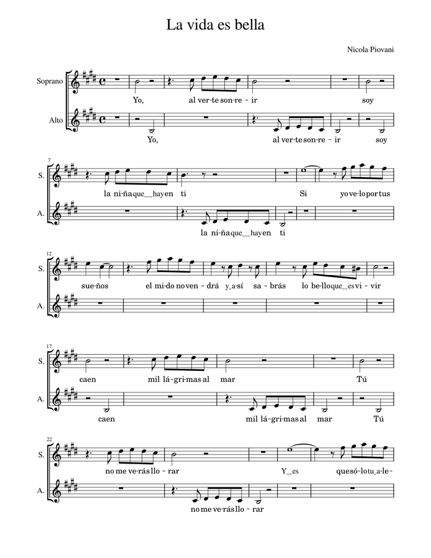 la vida es bella Sheet music for Soprano, Alto (SATB) | Download and ...