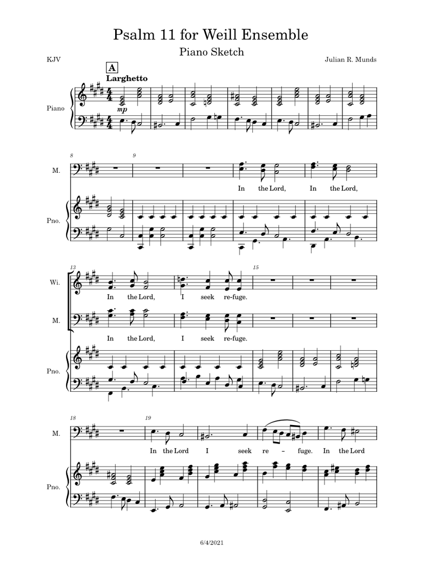 Psalm 11 for a Weill Ensemble (Piano Sketch) - Julian R. Munds Sheet ...
