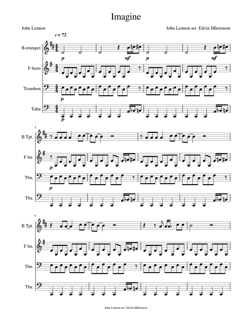 "Imagine" by John Lennon arranged for Brass Quartet Sheet music for ...