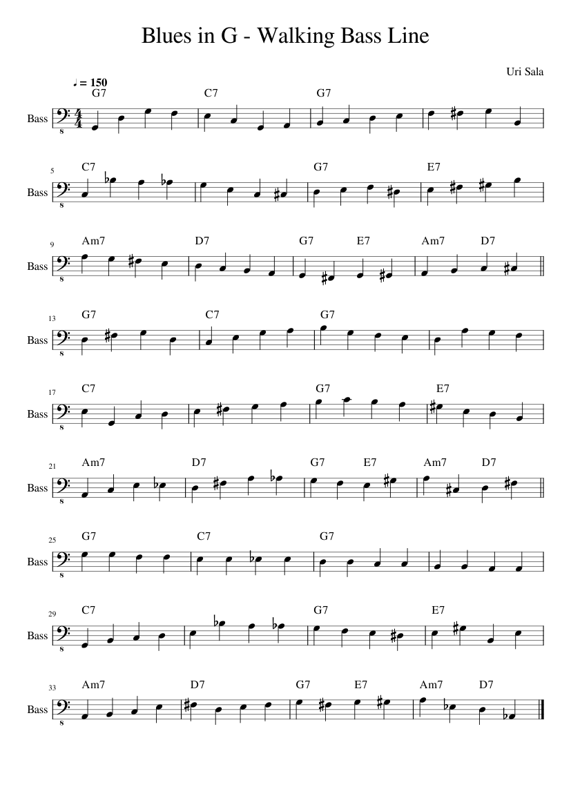 Blues in G - Walking Bass Line Sheet Music with Chords for Bass guitar ...