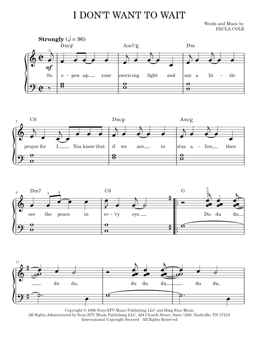 Play Official version of I Don't Want To Wait sheet music by Paula Cole ...