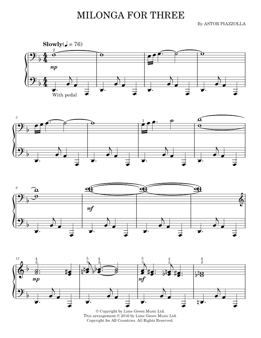 Play Official version of Milonga For Three Sheet Music by Astor Piazzolla for Piano | MuseScore.com
