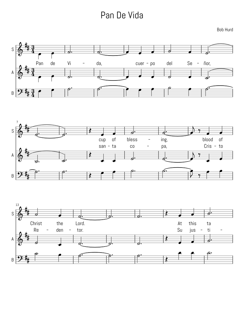 Pan De Vida, Bread of Life, Bob Hurd, SAB Sheet music for Alto (Solo ...