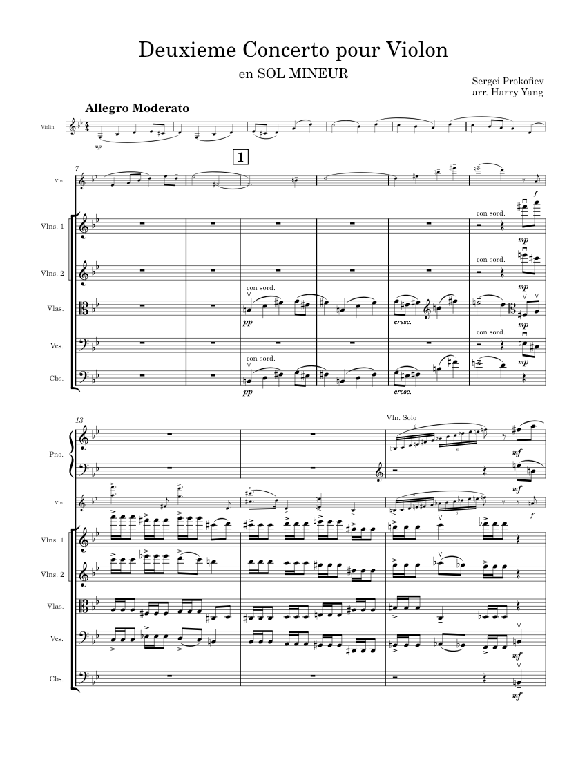 Prokofiev Violin Concerto in g minor STRINGS ARRANGEMENT Sheet music for Piano, Violin, Strings ...