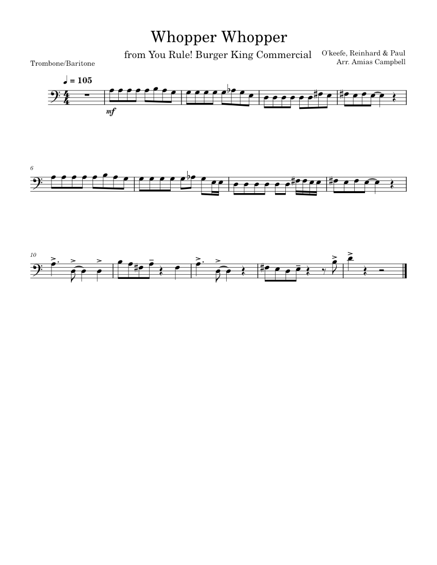 Whopper Whopper, Arr. for Trombone/Baritone Sheet music for Trumpet ...