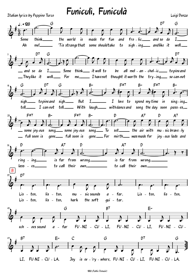Funiculì, Funiculà (Lead sheet with lyrics ) Sheet music for Piano ...