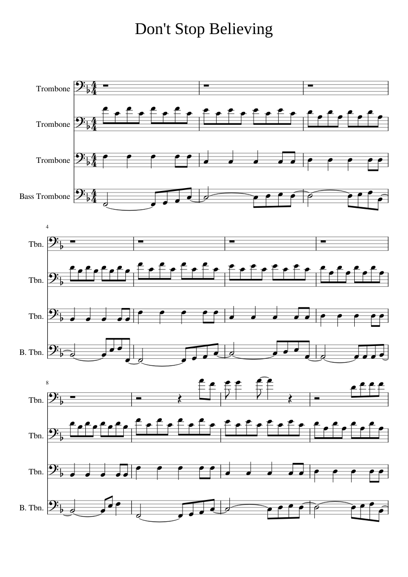 Dont Stop Believing Sheet Music for Trombone, Trombone bass (Mixed Quartet) | MuseScore.com