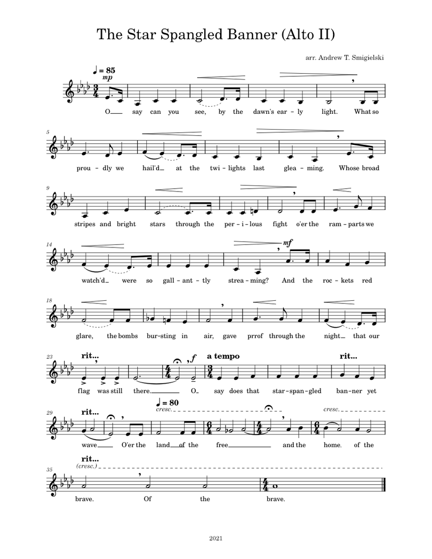 The Star Spangled Banner Alto II Sheet music for Piano (Women’s Choir ...