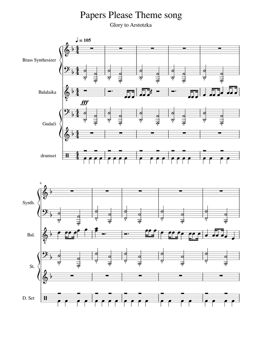 Papers Please Theme song Sheet music for Drum group, Strings group ...