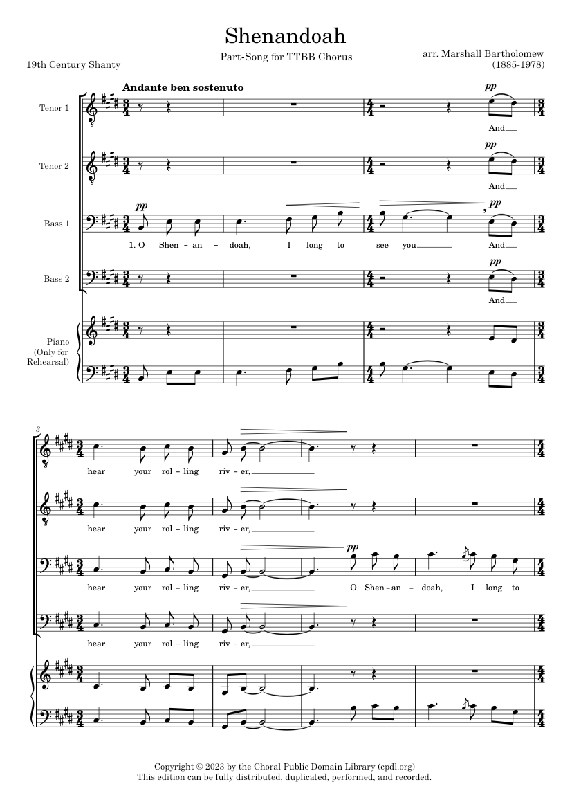 Shenandoah - arr. Marshall Bartholomew Sheet music for Piano, Tenor, Bass voice (Men’s Choir ...