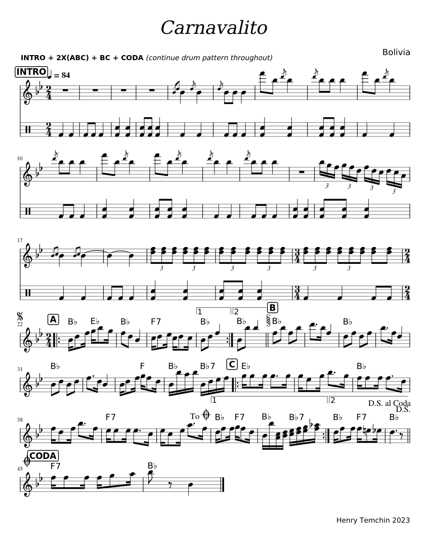 Carnavalito Sheet Music with Chords for Flute, Drum group (Mixed Duet ...