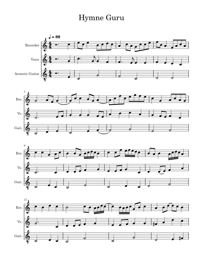 Hymne Guru Sheet music for Vocals, Guitar, Recorder (Mixed Trio ...