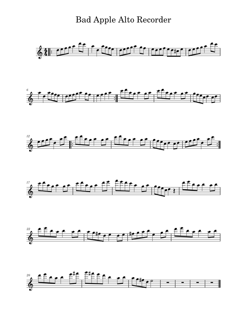 Bad Apple – ZUN for Alto Recorder Sheet music for Piano (Solo ...