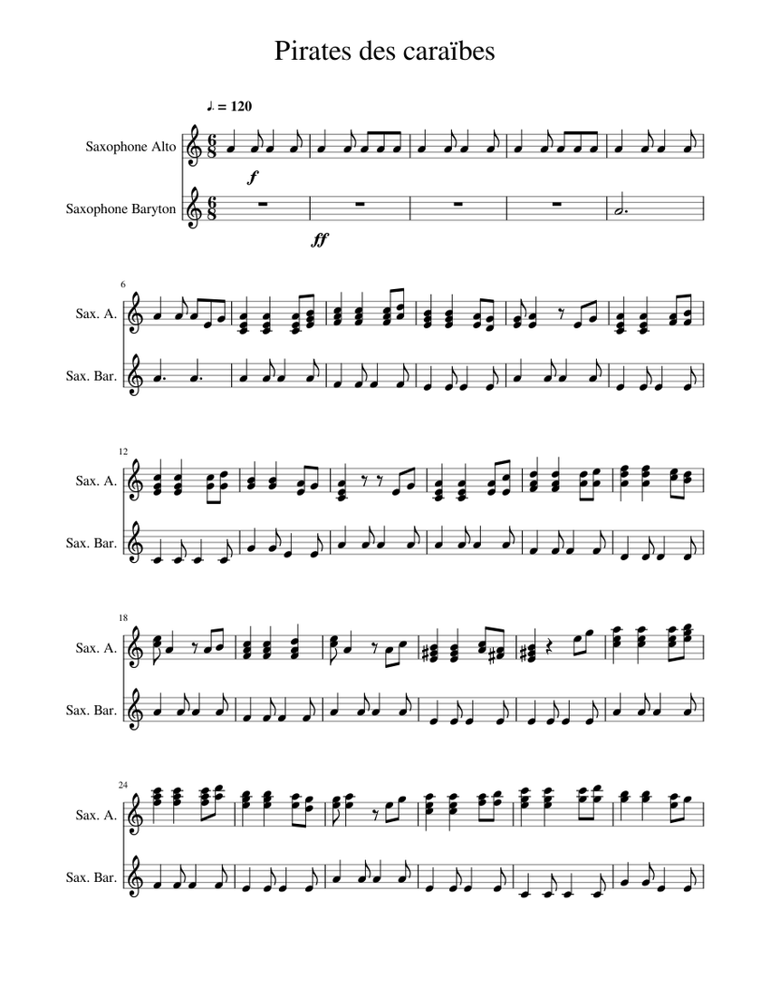 Pirates des caraibes Sheet music for Saxophone alto, Saxophone baritone ...