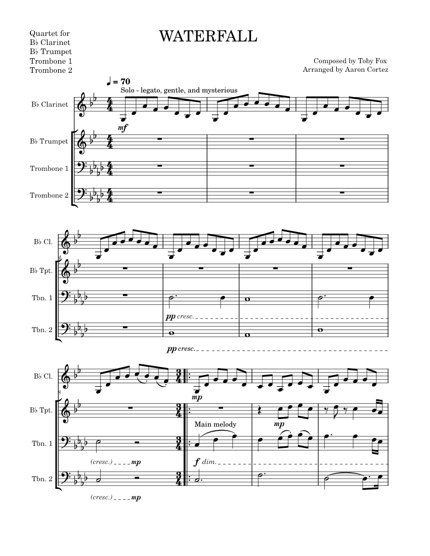 Waterfall – Toby Fox Waterfall (Quartet Ensemble) - Undertale Sheet music for Trombone, Clarinet ...