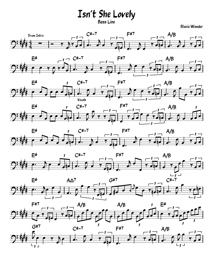 Isn't She Lovely Stevie Wonder Bass Line Sheet Music with Chords for ...