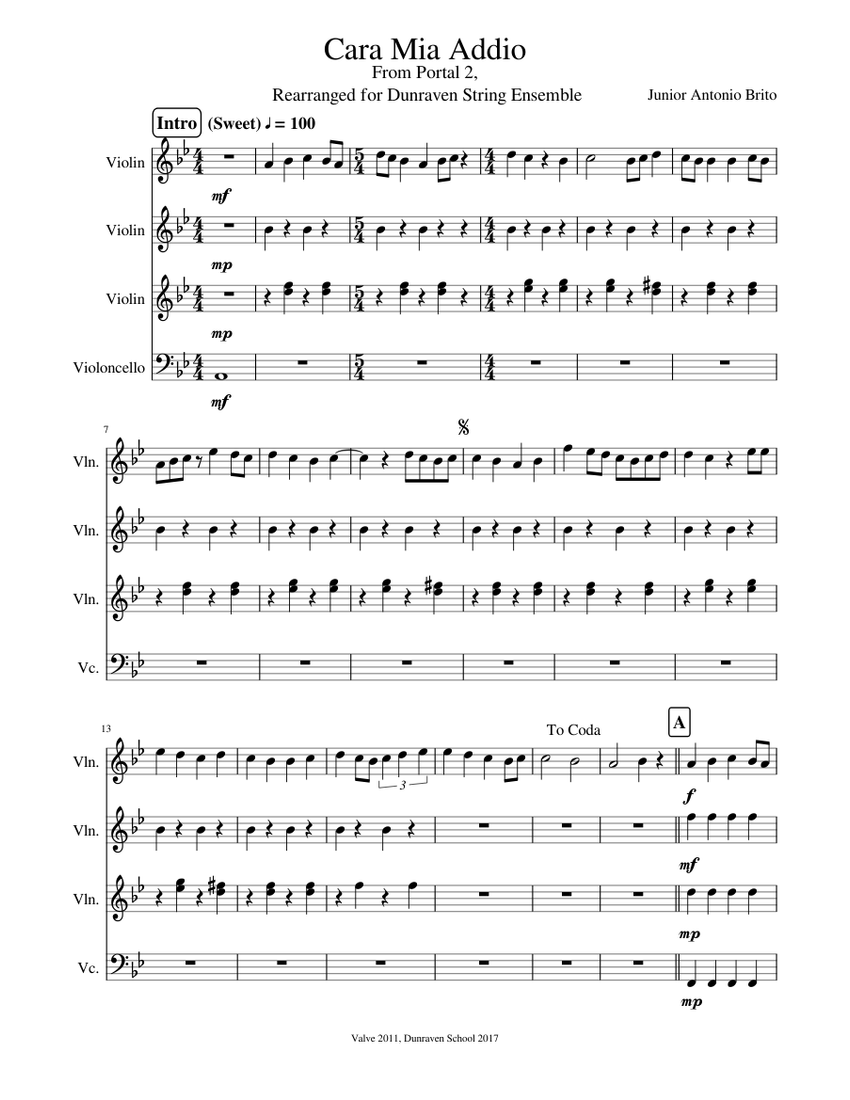 Cara Mia Addio Sheet music for Violin, Cello (Mixed Quartet) | Musescore.com
