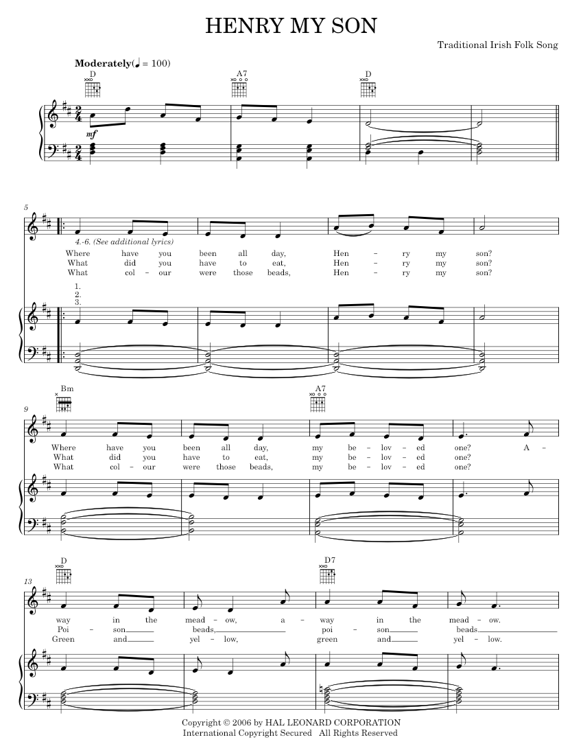 Henry My Son Sheet music for Piano, Vocals: Music Notes