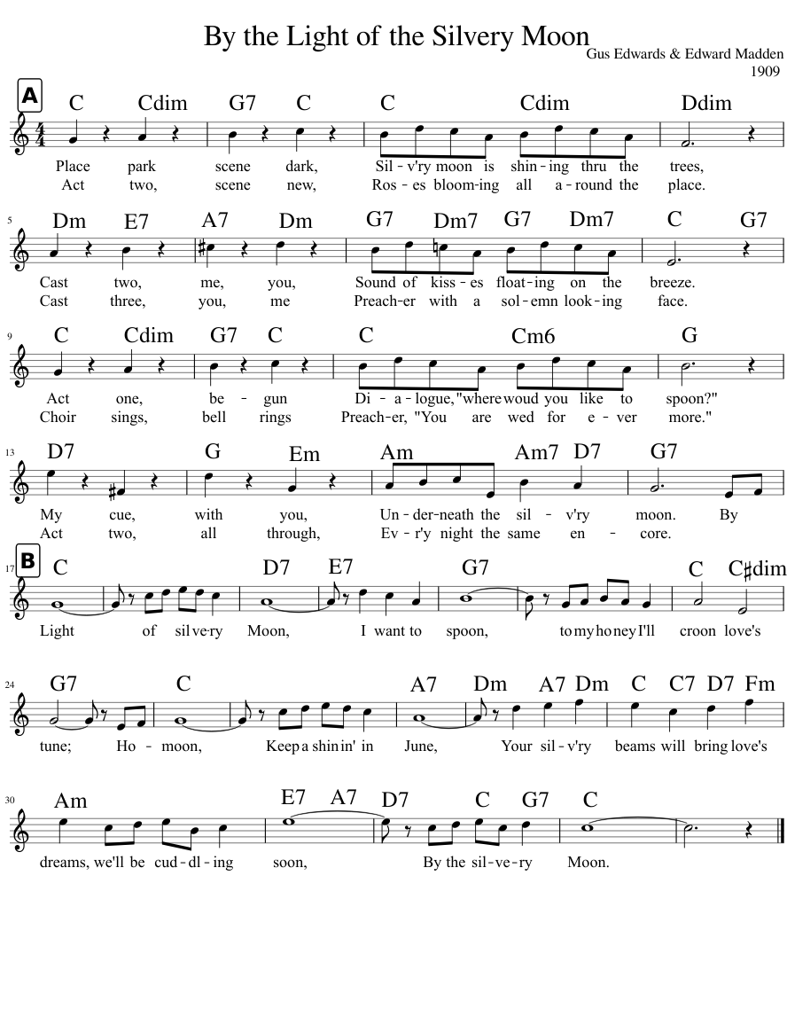 By the Light of the Silvery Moon Sheet Music with Chords for Piano ...