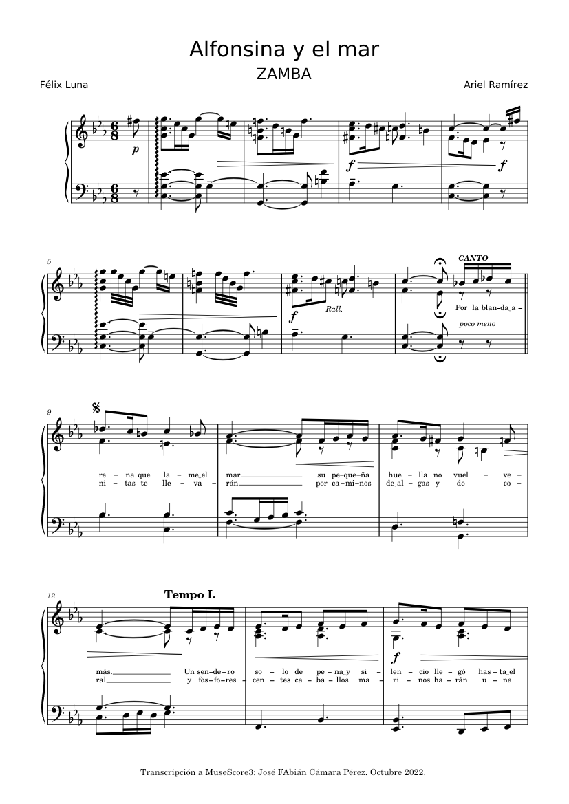 Alfonsina y el mar – Ariel Ramirez Sheet music for Piano (Solo) | Musescore.com